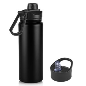 24oz insulated water bottle with straw lid, stainless steel metal water bottle with straw & wide mouth lid, double wall vacuum water bottle for hiking camping, black 1 pack