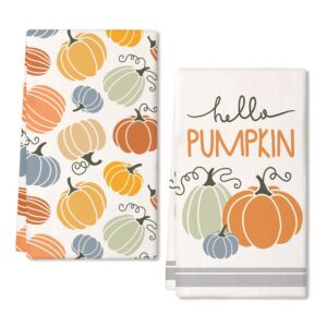 arkeny fall kitchen towels for fall decor, hello pumpkin orange autumn dish towels 18x26 inch set of 2,farmhouse home thanksgiving harvest vintage decorations ad362