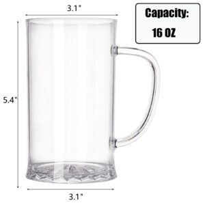 ZEAYEA Set of 6 Plastic Beer Mug, 16 oz Acrylic Beer Drinking Cups with Handle, Clear Reusable Beer Stein Glasses for Party Bar Home Hotel Whiskey Juice Cocktail Beverages