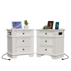 vingli white nightstand set of 2, 24" w nightstand with charging station, 3 drawer nightstand with textured drawers, large nightstand wood, bedroom nightstand, bedside table,vintage night stand