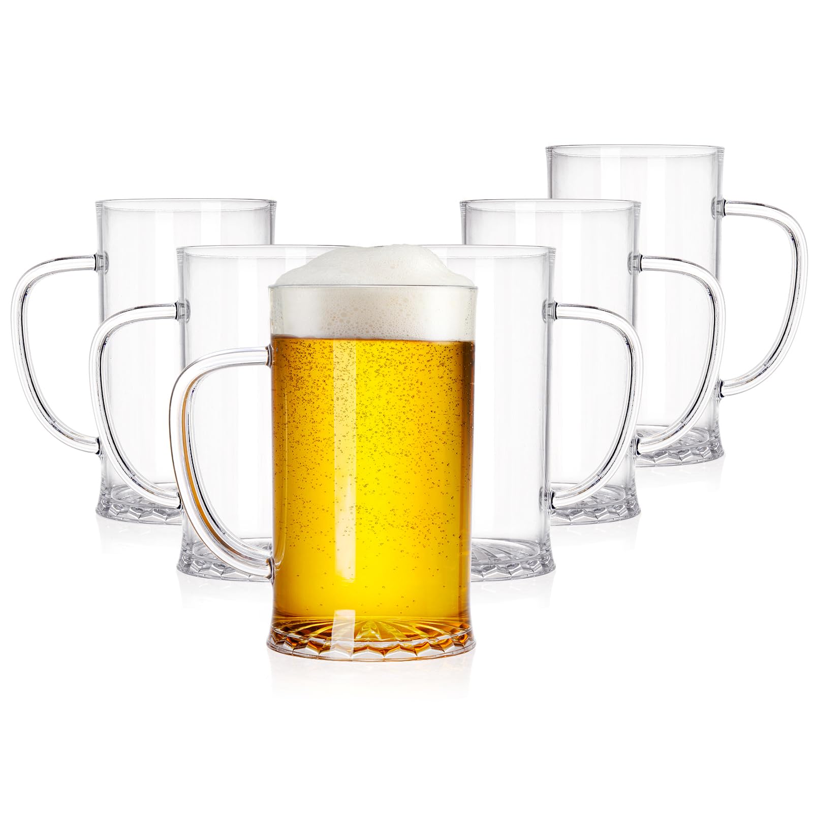 ZEAYEA Set of 6 Plastic Beer Mug, 16 oz Acrylic Beer Drinking Cups with Handle, Clear Reusable Beer Stein Glasses for Party Bar Home Hotel Whiskey Juice Cocktail Beverages