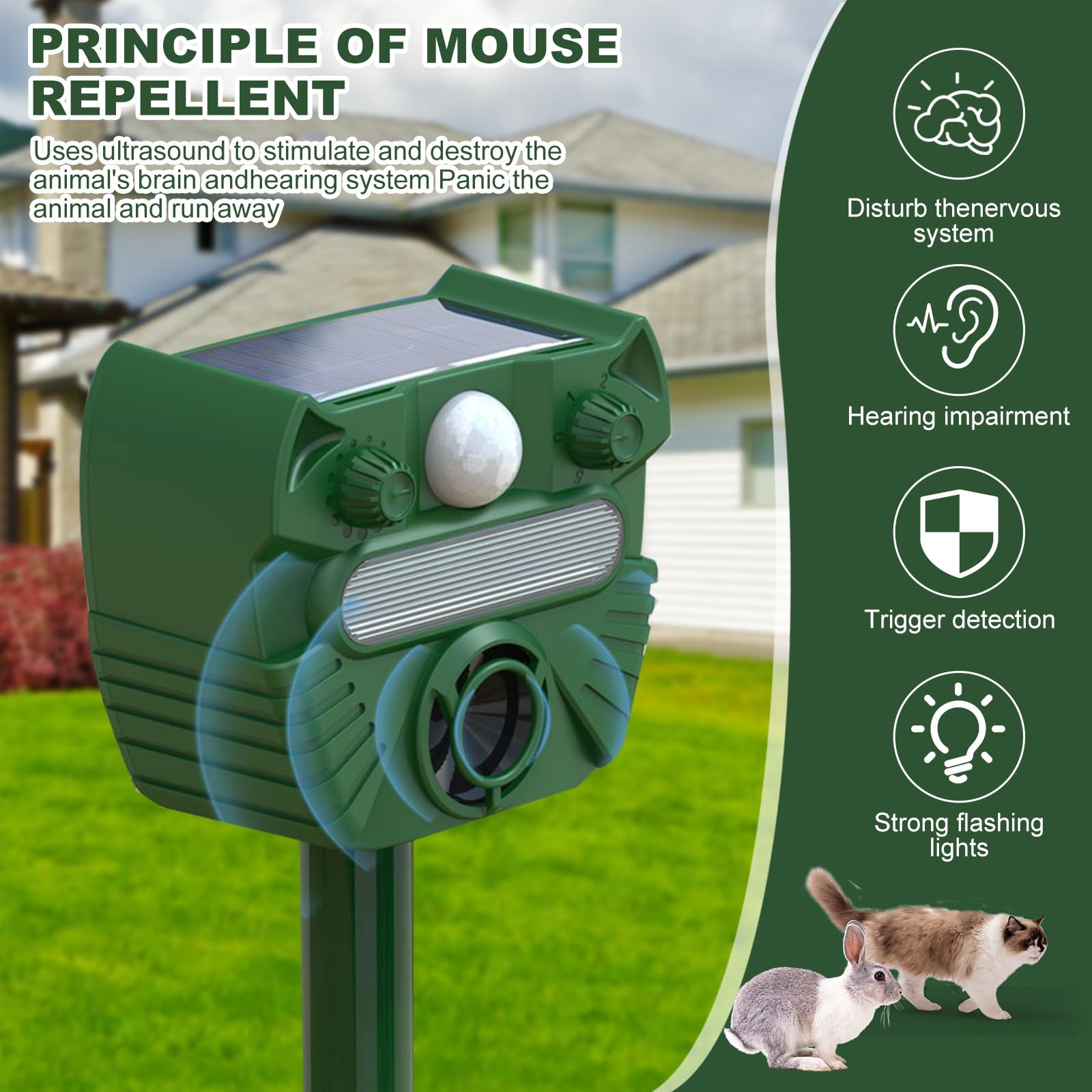 Solar Ultrasonic Animal Repeller, Cat Repellent Outdoor, Dog, Squirrel, Raccoon, Skunk, Rabbit, Fox, Deer, Bird etc.Motion Detection, LED Flashing Light HQ1