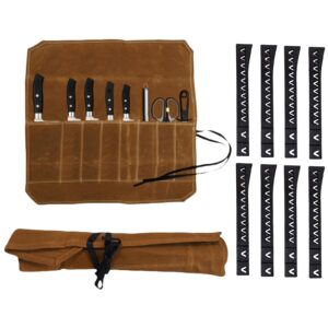 bliritel knife roll, waxed canvas chef knife roll bag, 8 knife slots for cutlery knives, portable knife bag knives pouch holder protectors with 8 pcs knife sheath for kitchen travel camping