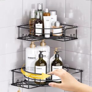 corner shower caddy, 2 pack lazy susan corner bathroom shelves, no-drill shower shelf for inside shower, 360° rotating corner shower organizer for bathroom, dorm & kitchen (black)