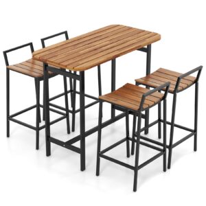 tangkula 5 piece acacia wood bar table set, outdoor bar height table & chairs with metal frame & footrest, patio bar table set for 4, patio furniture bistro set for deck, garden & poolside