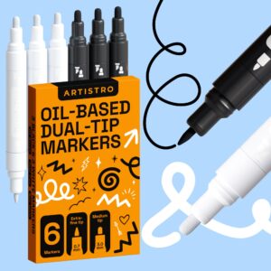 artistro 6 black & white permanent markers, metallic paint pen, oil based paint markers dual tip (0.7mm+3mm), waterproof paint pens for rock painting, ceramic, glass, wood, tire, fabric & more