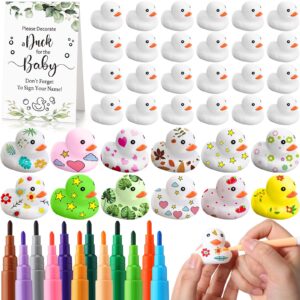 seenelling 45 pcs baby shower decorate ducks game set includes baby shower game sign 32 diy blank rubber ducks 12 paint marker white blank rubber duck prize for baby shower gender revel game(leaves)