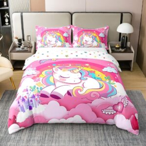 feelyou girls cute unicorn reversible bedding set full size kids unicorn comforter cover set for boys unicorn glitter pink duvet cover 100% cotton cute animal bedspread cover room decor quilt cover