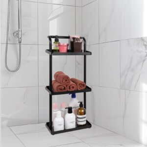 Xiarnotogi Standing Shower Caddy Corner, 3 Tier Bathroom Organizer Shelf with Handle, Storage Shelf, Stand Up Metal Basket Rack for Inside Bathroom, Kitchen, Laundry Room (Matte Black)