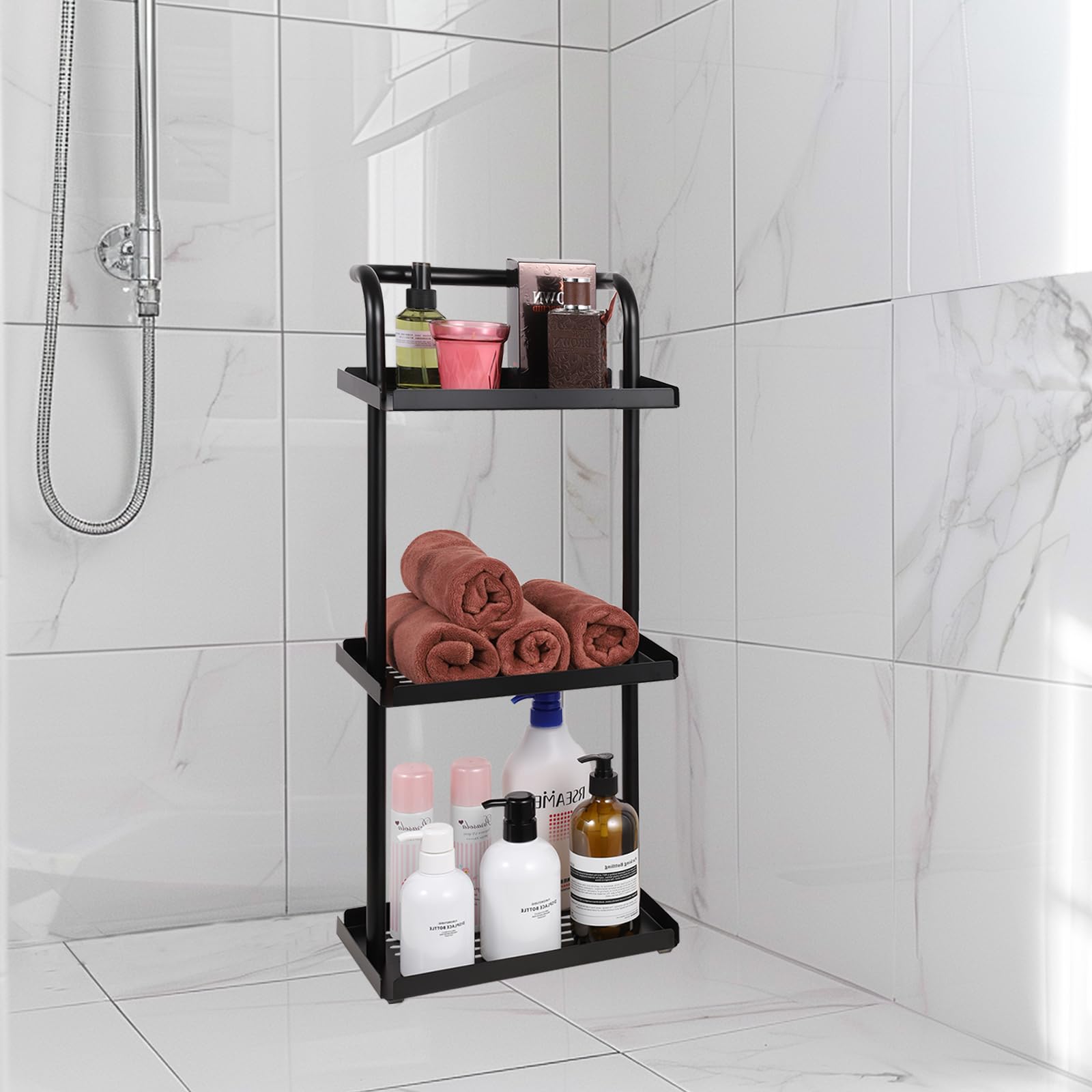 Xiarnotogi Standing Shower Caddy Corner, 3 Tier Bathroom Organizer Shelf with Handle, Storage Shelf, Stand Up Metal Basket Rack for Inside Bathroom, Kitchen, Laundry Room (Matte Black)