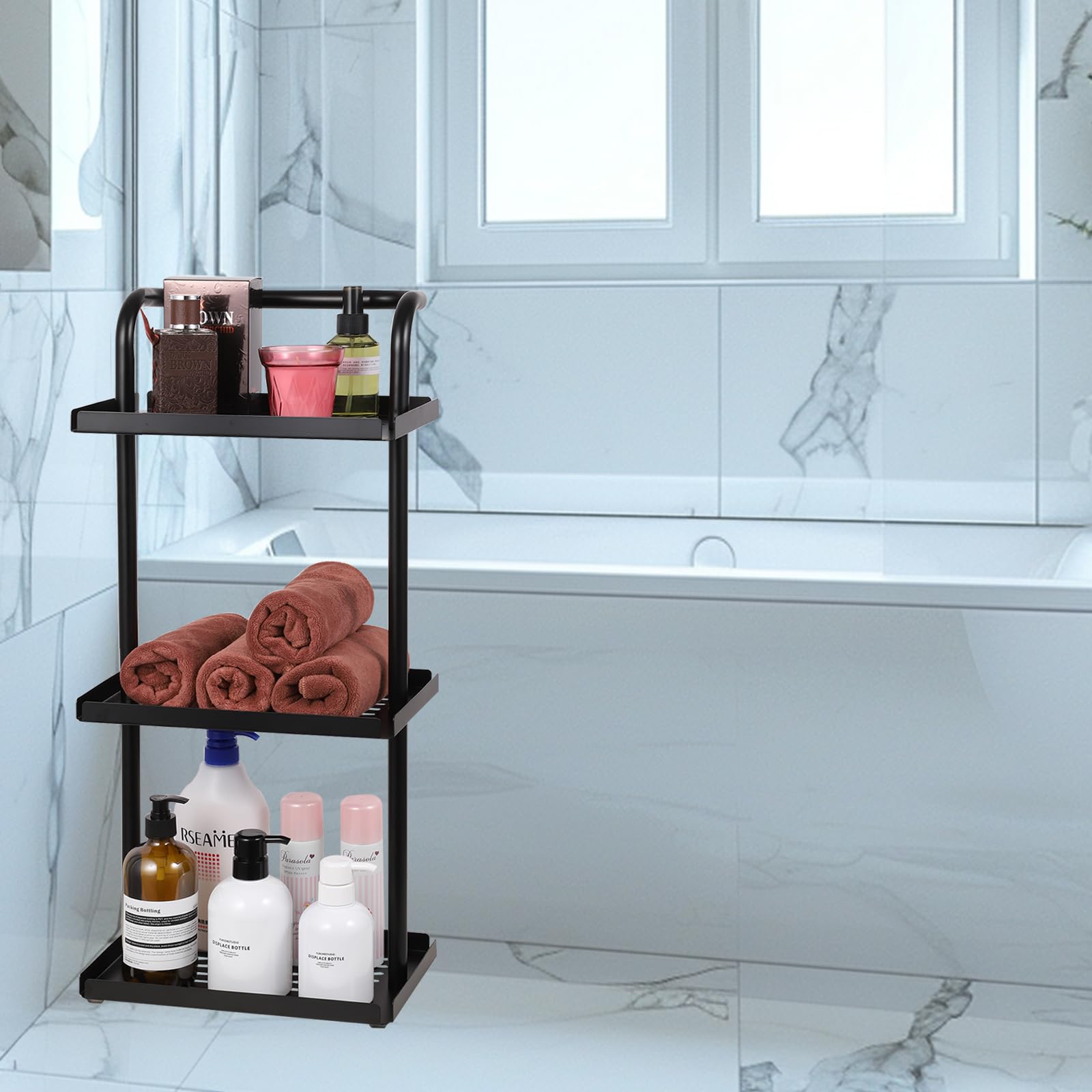 Xiarnotogi Standing Shower Caddy Corner, 3 Tier Bathroom Organizer Shelf with Handle, Storage Shelf, Stand Up Metal Basket Rack for Inside Bathroom, Kitchen, Laundry Room (Matte Black)