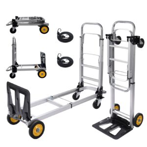 oyoest aluminium folding hand truck heavy duty 440lbs capacity 2 in 1 convertible hand truck dolly with pneumatic wheels and telescoping handles, portable dolly cart with bungee cords for moving