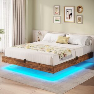 bthfst floating bed frame full size with led lights, industrial wooden metal full platform bed, solid and stable, noise free, no box spring needed, easy assembly