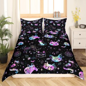 ombre cat skull duvet cover black galaxy starry bedding set gothic constellation comforter cover room decor white bats animal bedspread cover queen size with 2 pillow cases