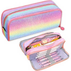 beturetop glitter rainbow pencil case for girls, large capacity pencil pouch pen bag organizer with 3 compartments for kids students school office supplies back to school gifts