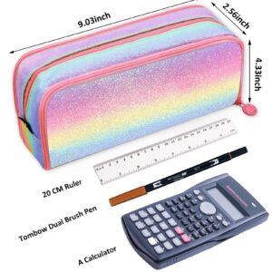 BETURETOP Glitter Rainbow Pencil Case for Girls, Large Capacity Pencil Pouch Pen Bag Organizer with 3 Compartments for Kids Students School Office Supplies Back to School Gifts