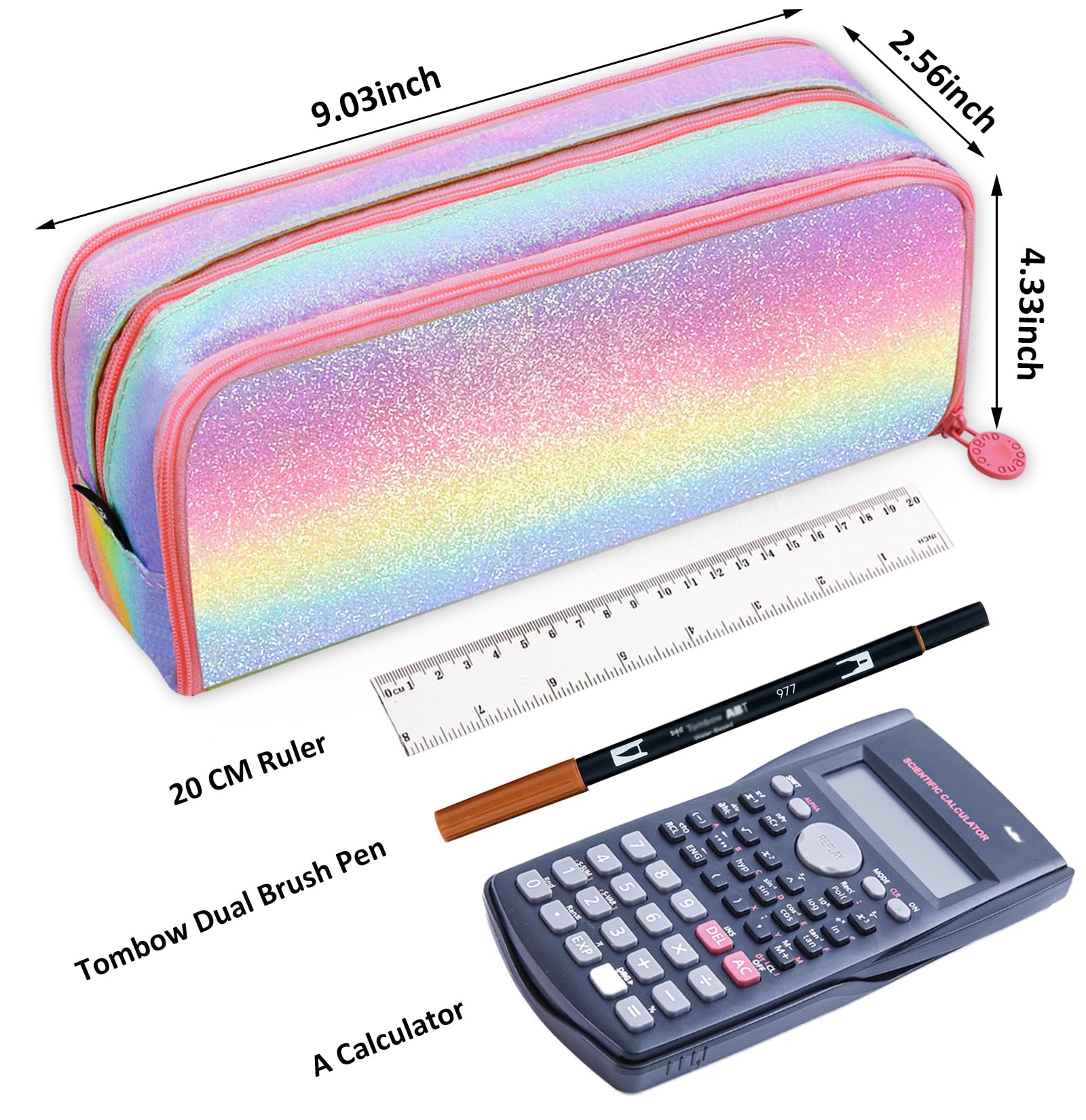 BETURETOP Glitter Rainbow Pencil Case for Girls, Large Capacity Pencil Pouch Pen Bag Organizer with 3 Compartments for Kids Students School Office Supplies Back to School Gifts