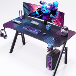 wemuzviu 47 inch gaming desk, ergonomic carbon fiber surface computer table, a-shaped pc gamer workstation with cup holder & headphone hook, home office desk (zk-a, 47 inch)