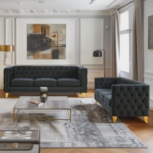 atumon modern 2 piece 81" 3-seater velvet sofa set,buttons tufted and square arm,inlaid gold nail heads and 4 golden metal legs for living room (black, 81" 3+3 seat velvet sofa sets)