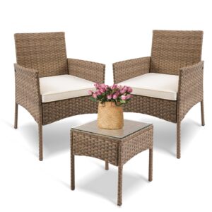 yiyan 3 pieces patio bistro set outdoor wicker furniture outdoor porch pe rattan wicker chairs furniture sets with sofa chairs,glass coffee table and white washable cushion