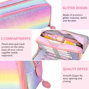 BETURETOP Glitter Rainbow Pencil Case for Girls, Large Capacity Pencil Pouch Pen Bag Organizer with 3 Compartments for Kids Students School Office Supplies Back to School Gifts