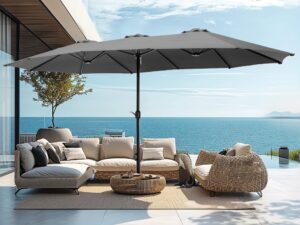 phi villa 15ft large patio umbrellas with base, outdoor double-sided rectangle market umbrella for pool lawn garden, light gray