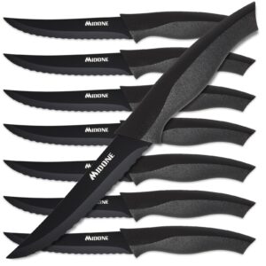 midone 8 pcs steak knives, steak knives set of 8, high-carbon stainless steel steak knife set, ergonomic handles serrated steak knives for precise cutting, elegant black