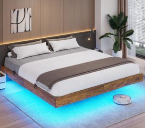 adorneve floating bed frame king size with rgb led lights, metal king floating platform bed with storage space, mdf board, stable structure, no box spring needed, easy assembly,vintage brown & black