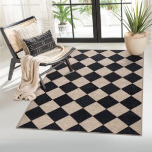 lahome checkered easy jute area rug, 3x5 outdoor patio rug washable rugs for entryway diamond indoor outdoor living room rugs, farmhouse neutral non slip black carpet for backyard bedroom