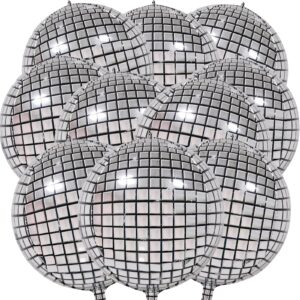 10 pieces 22 inches large silver disco ball balloons - large 4d round foil mylar mirror balloons for retro 70s disco dance decorations birthday wedding graduation party supplies