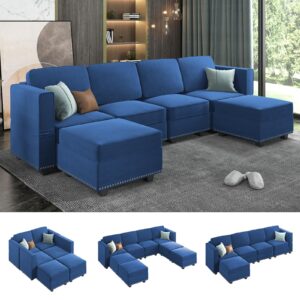 puremind modular sectional sofa with reversible storage ottoman, convertible u shaped couch with adjustable armrest & backrest, velvet 6 seater l shaped sofa sleeper for living room, blue