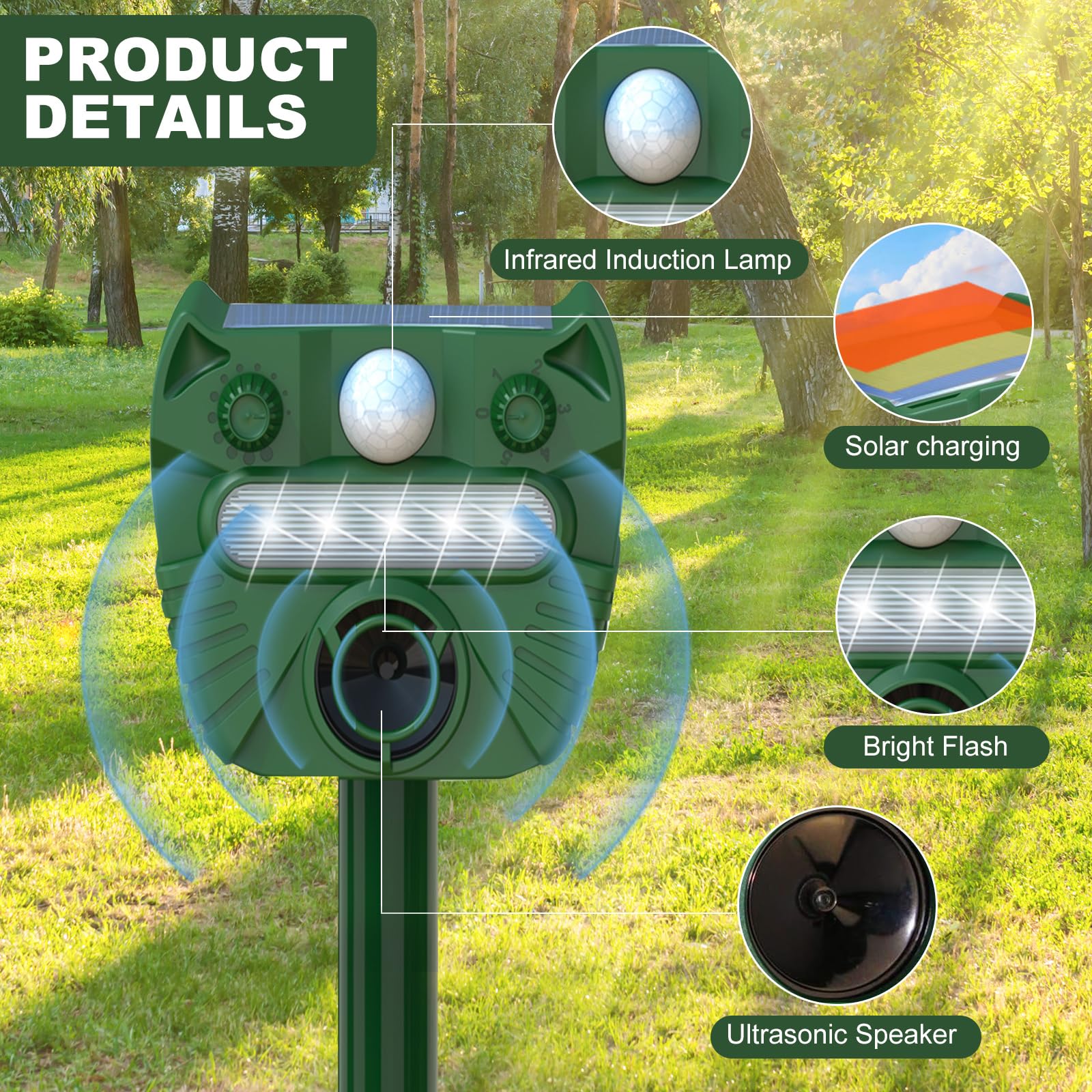 Solar Ultrasonic Animal Repeller, Cat Repellent Outdoor, Dog, Squirrel, Raccoon, Skunk, Rabbit, Fox, Deer, Bird etc.Motion Detection, LED Flashing Light HQ1