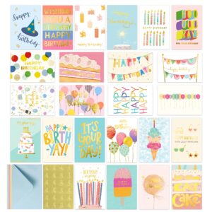 24 unique gold foil happy birthday cards - bulk assortment with colored envelopes, 4 x 6 in, holographic birthday cards assortment in bulk for family, kids, friends, work & office celebrations