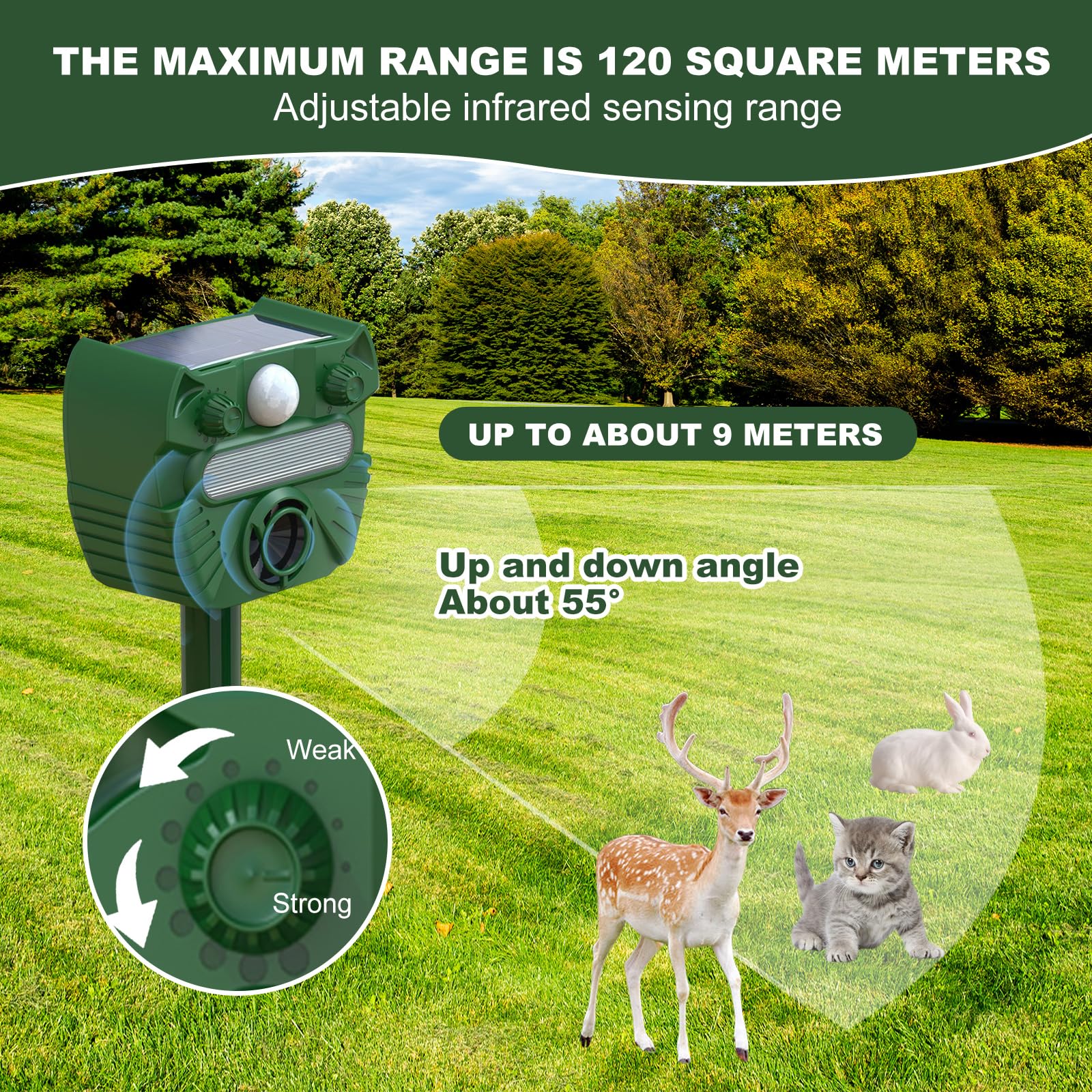 Solar Ultrasonic Animal Repeller, Cat Repellent Outdoor, Dog, Squirrel, Raccoon, Skunk, Rabbit, Fox, Deer, Bird etc.Motion Detection, LED Flashing Light HQ1