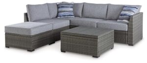 signature design by ashley petal road casual weather resistant cushioned outdoor loveseat sectional/ottoman/table set with 2 throw pillows, set of 4, gray