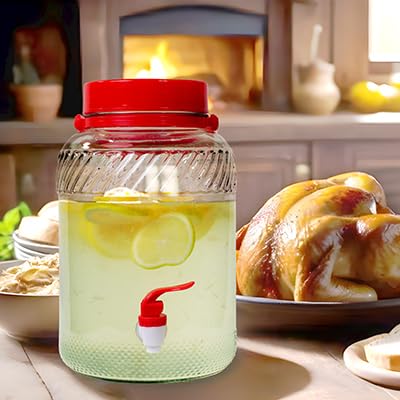 1.32 Gal Wide Mouth Glass Drink Dispensers for Parties, Leakproof Spouts, Wood Sign - Sun Tea Jar for Outside. Ideal for Beverage, Lemonade, Yogurt, Kombucha, Canning, Fermenting, Picnics, Home Use