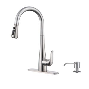 hghgk kitchen faucet with soap dispenser and pull down sprayer - stainless steel single handle kitchen sink faucet, 1 or 3 hole design for modern farmhouse kitchens, rv, and bar sinks(brushed nickel)