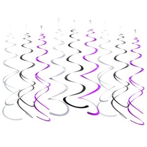 purple black and silver foil swirl hanging decoration streamer for birthday graduation wedding party supplies, pack of 21