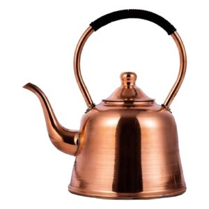 fenteer elegant copper tea kettle with ergonomic handle, pure copper teapot for water tea coffee fast boiling, large capacity tea kettle for home office outdoor gas and induction stovetop, 2l