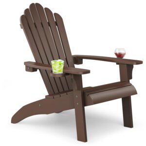 upstreman home plastic adirondack chair set of 1, outdoor fire pit chair with cup holder, adirondack patio chair weather resistant for outside, porch, lawn, garden- a1, coffee