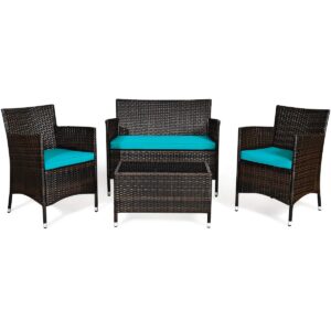 goplus 4-piece rattan patio set, outdoor/indoor wicker conversation set for pool, backyard, lawn, wicker chairs and sofa with soft cushion, rattan furniture with tempered glass coffee table