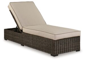 signature design by ashley coastline bay casual outdoor armless chaise lounge with cushion and adjustable height, beige & dark brown