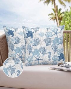 sea turtle outdoor waterproof pillow covers,nautical blue coral decorative throw pillow covers,starfish shell seahorse cushion case for patio tent bed sofa living room marine life on white pillowcase