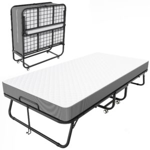 intergreat folding bed with mattress, foldable twin bed, roll away bed for adults, 75" x 38" portable roll away guest beds with 5" mattress, folded bed frame for guest room, small apartment