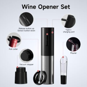 Electric Wine Opener, Automatic Wine Bottle Corkscrew with Air Pump, Foil Cutter, Pourer, Vacuum Stoppers (4PCS)， Professional Easy Rechargeable Vino Opener Set Suitable for Home, Travel