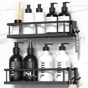 yasonic shower caddy adhesive, no drill bathroom shower organizers, with removable hooks, rust proof shower shelves, wall-mounted shower holder, black, 2 pack