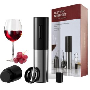 electric wine opener, automatic wine bottle corkscrew with air pump, foil cutter, pourer, vacuum stoppers (4pcs)， professional easy rechargeable vino opener set suitable for home, travel