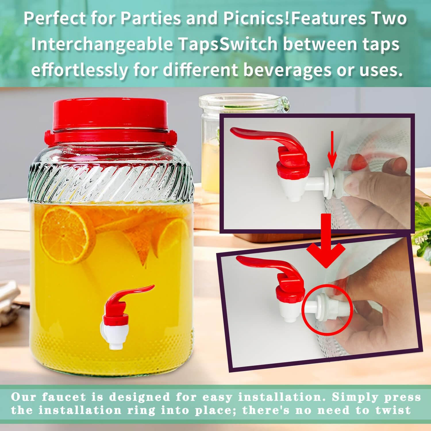 1.32 Gal Wide Mouth Glass Drink Dispensers for Parties, Leakproof Spouts, Wood Sign - Sun Tea Jar for Outside. Ideal for Beverage, Lemonade, Yogurt, Kombucha, Canning, Fermenting, Picnics, Home Use