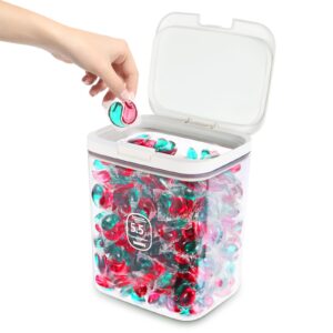 large capacity container with automatic pop-up lid - laundry pods and airtight dishwasher pod holder, for laundry room organization and storage and storage of dry food, packaged food, candy