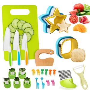 baokcotei 24 pieces safe kids‘ kitchen knife set for cooking and baking wooden toddler knives with cutting board fruit vegetable crinkle cutter y peeler sandwich cutter bento box